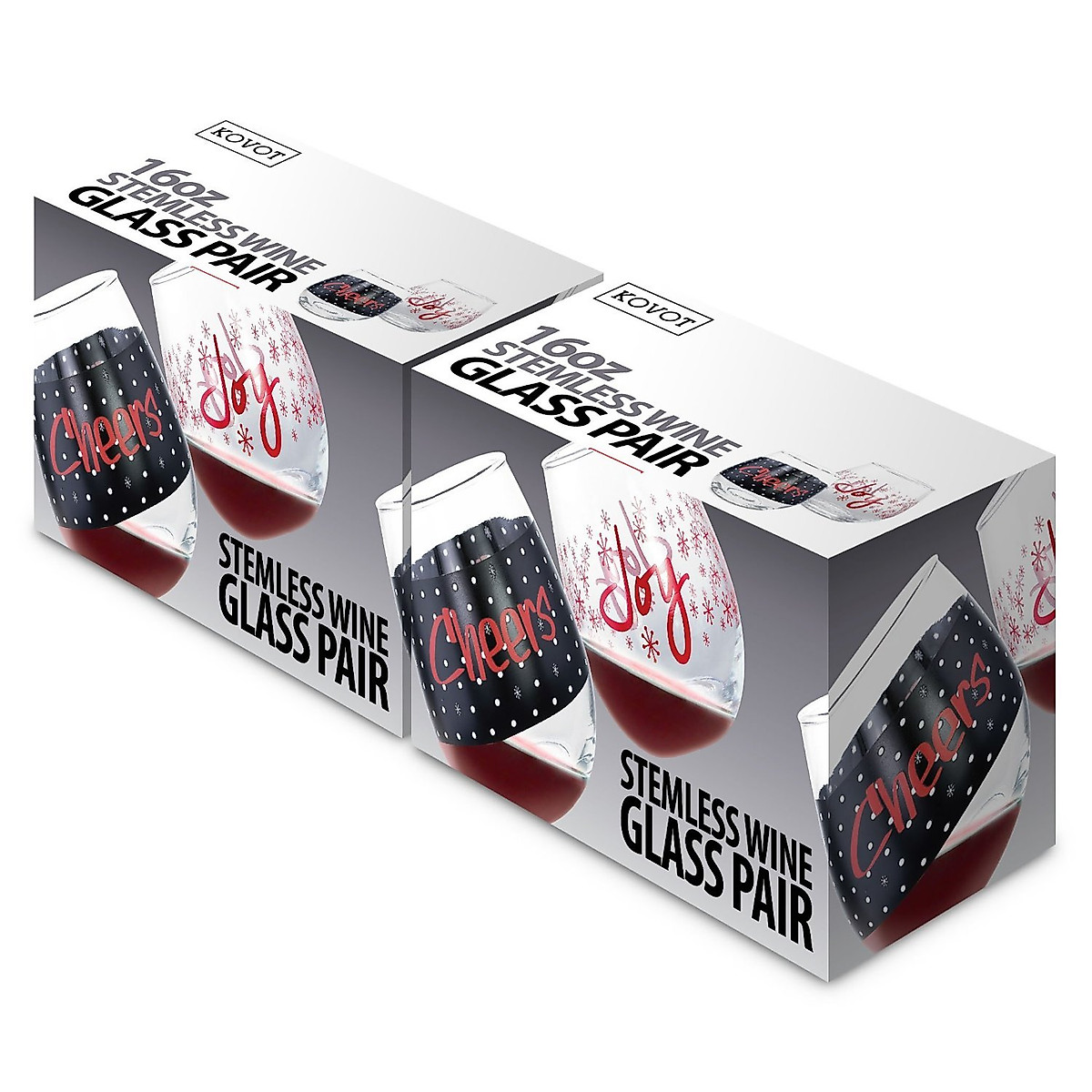 KOVOT Holiday"CHEERS" and"JOY" Stemless Wine Glass Set | 16 oz | Christmas Wine Glasses (2 Glasses)