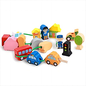 KanCai Wooden City Figures and Cars Lacing & Stringing Beads Toys Over 3 4 5 Year Old Kids Block Set Toy