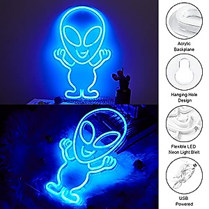 Rosnek Neon Light Alien LED Sign,Light Up Sign with Durable Acrylic Panel,Neon Signs Cool Novelty Night Light USB for Bedroom,Room,Wall,Bar,Party,Teenage Birthday’s Gift