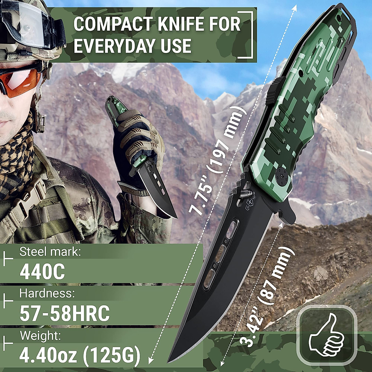 Bundle of 2 Items - Pocket Folding Knife - Military Style - Pocket Knife - Tactical Knife - Camping Knives - CSGO Karambits for Men and Women - Best for Hiking Survival Hunting Fishing