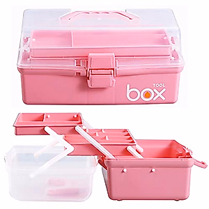 Kinsorcai 12'' Three-Layer Clear Plastic Storage Box/Tool Box, Multipurpose Organizer and Portable Handled Storage Case for Art Craft and Cosmetic (Pink)