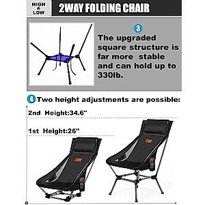 DRAXDOG Camping Chair, 2 Way Compact Backpacking Chair, Portable Folding Chair, Beach Chair with Side Pocket, Lightweight Hiking Chair 001 (Black)