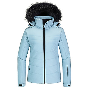 Skieer Women's Ski Jacket Waterproof Windproof Snowboard Coat with Removable Faux Fur Hood(Blue,Small)