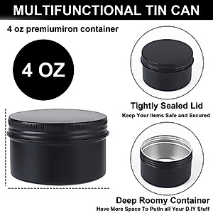OBKJJ 64 Pack Round Cans with Screw Lid 4 Oz Aluminum Metal Tins DIY Food Candle Containers for Lotion Bars, Balms, Salve, Spices, Beard Balm, Crafts with 4 Markers 2 Sheets Label Stickers (Black)