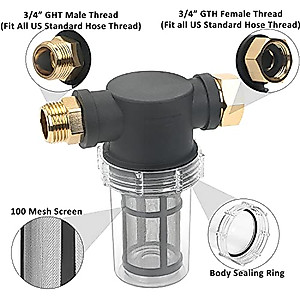 STYDDI Garden Hose Sediment Filter, Garden Hose Debris Inlet Filter Attachment with 100 Mesh Screen, for Pressure Washer Inlet and Transfer Pump, Rain Barrels, Spigot, with 2 Extra 100 Mesh Screen