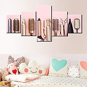 Beauty Salon Pictures for living Room Professional Haircut Tools Paintings 5 Panel Prints Canvas Wall Art Home Modern Decor Hair Accessories Artwork Giclee Framed Stretched Ready to Hang(50''Wx 24''H)
