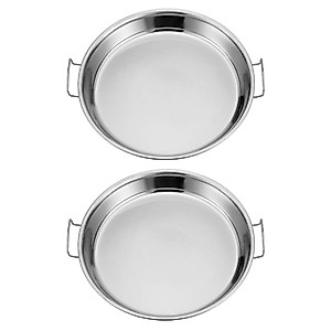 DOITOOL 2Pcs Stainless Steel Steaming Dish Cold Noodle Plate Steamed Rice Tray Round Steaming Tray With Double Handle for Home Kitchen Food Serving