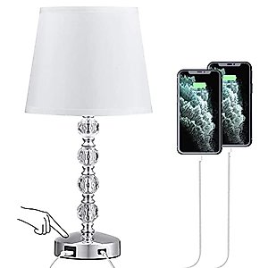 Crystal Lamp with USB Port - Touch Control Table Lamp for Bedroom 3 Way Dimmable Nightstand Bedside Lamp with White Fabric Shade, 17” Small Lamps for Living Room, Dorm, Home,Office(LED Bulb Included)