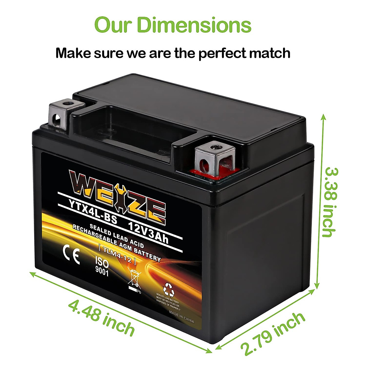 Weize YTX4L-BS High Performance-Rechargeable-Sealed Motorcycle Battery Compatible With Polaris Scrambler, Sportsman 90, Honda Scooters NQ50 Spree,Kawasaki 110 Can-Am DS70,Yamaha TTR125E/LE