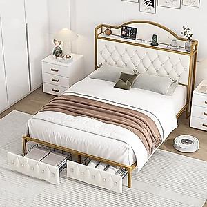 HITHOS Queen Size Bed Frame with 2 Drawers and Storage Headboard, Button Tufted Modern Upholstered Platform Bed with Charging Station, No Box Spring Needed, 51.6" Tall Headboard, Off White