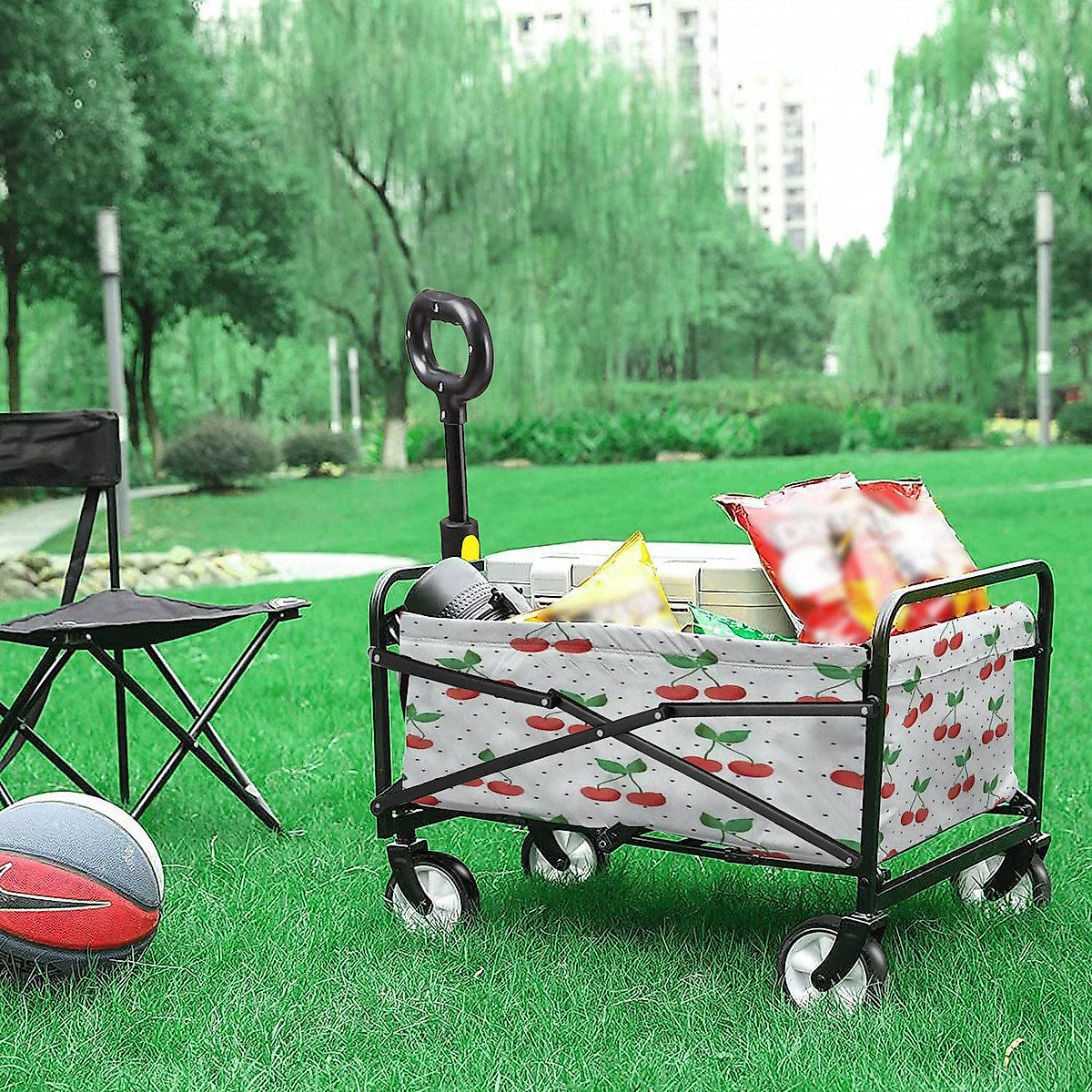 Collapsible Wagon Cart Cherry Seamless Hand Drawn Cherries on Dotted Black and White Painted Foldable Utility Wagon Large Capacity Garden Cart with Push Bar for Beach Camp Outdoor Shopping