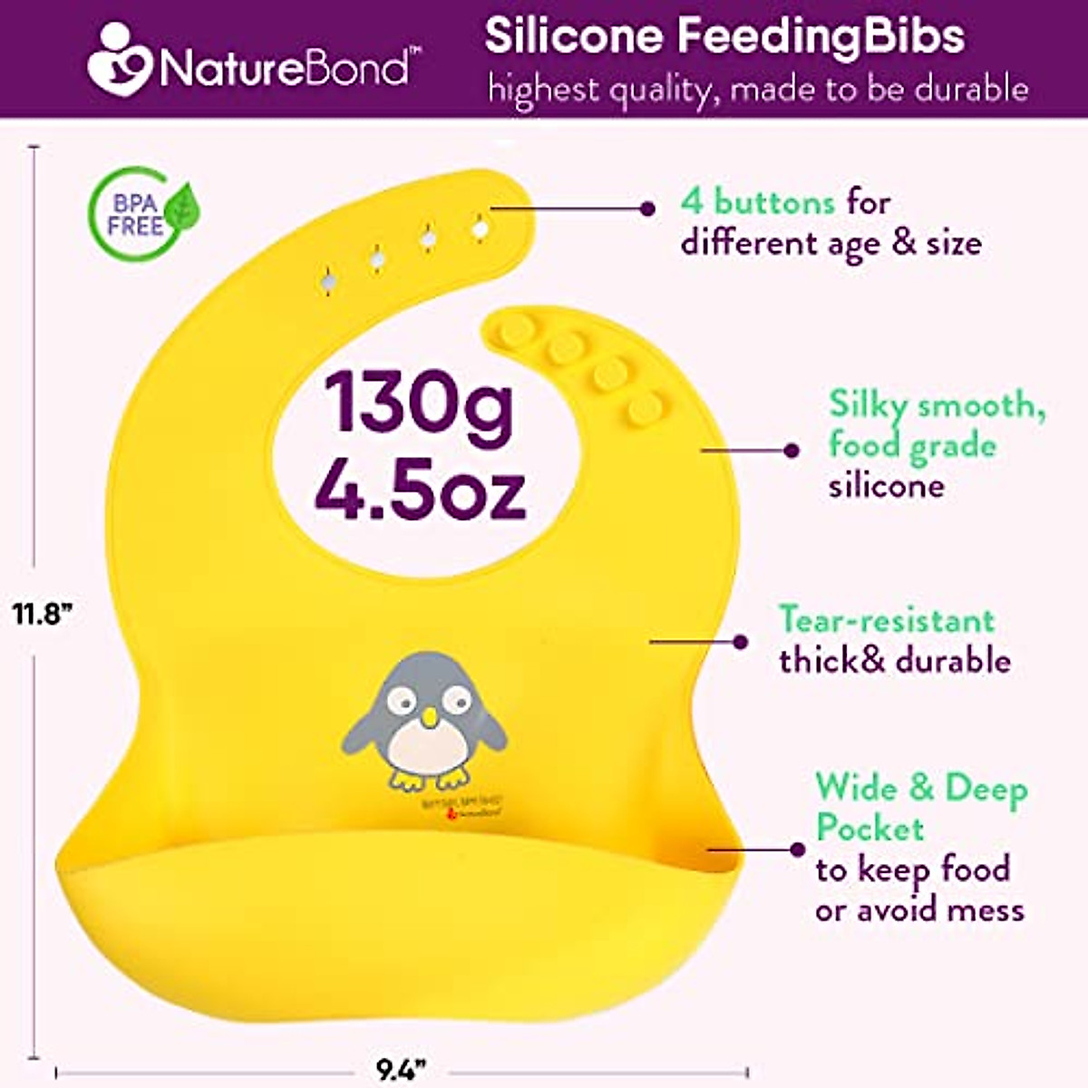 NatureBond Waterproof Baby Bibs, Silicone Weaning Bibs for Babies & Toddlers, Set of 2 w/Carry Pouch | Comfortable Soft 4 buttons Bib