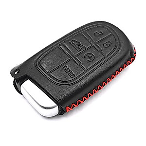 WFMJ Leather 5 Buttons Smart Key Fob Case Cover for Dodge Journey Durango Challenger Charger Jeep Grand Cherokee Chrysler 300 (Black)