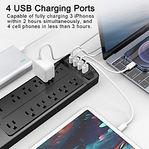 Power Strip, ALESTOR Surge Protector with 12 Outlets and 4 USB Ports, 6 Feet Extension Cord (1875W/15A), 2700 Joules, ETL Listed, Black