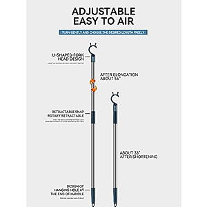 Reach Stick High Place Reaching Pole with Hook 56" Extendable Stainless Steel Reaching Tool Pole for High Place, Top Rod, Closet Shelf