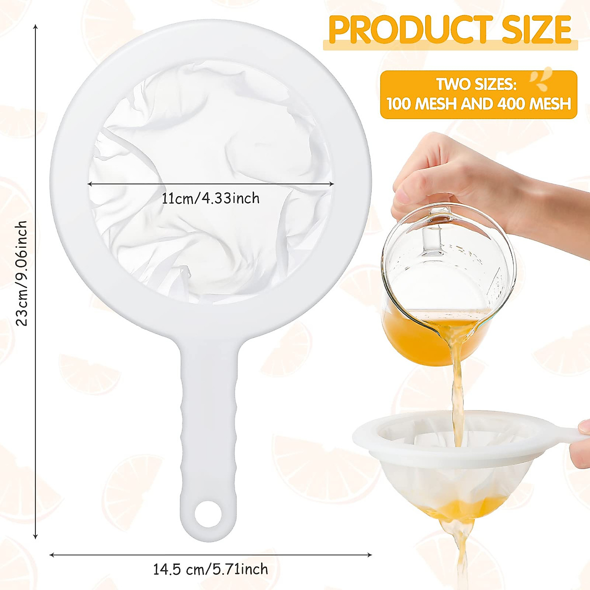 Zopeal 2 Pieces Ultra Fine Mesh Strainer Nylon Food Juice Strainer Yogurt Mesh Sieve Plastic Colander with Handle Mini Brine Shrimp Separation Net for Kitchen(100/400 Mesh)