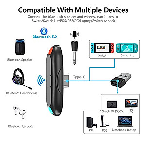 Bluetooth Adapter for Nintendo Switch/Lite, BT 5.0 Wireless Audio Transmitter with Low Latency USB C to A Converter for Bluetooth Headphone Speakers on PS4 PS5 PC Laptop Airpods White (White) (Black)