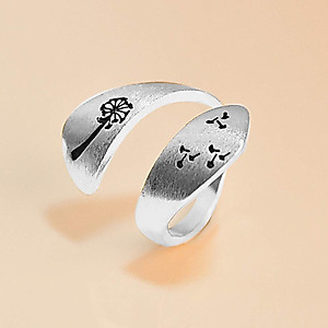 Dandelion and Seeds Flower Wrap Rings for Women Finger Band Statement Vintage Silver Plated Middle Tail Ring Wide Hypoallergenic Expandable Adjustable Cute Engagement Promise Dainty Mother Gifts Birthday