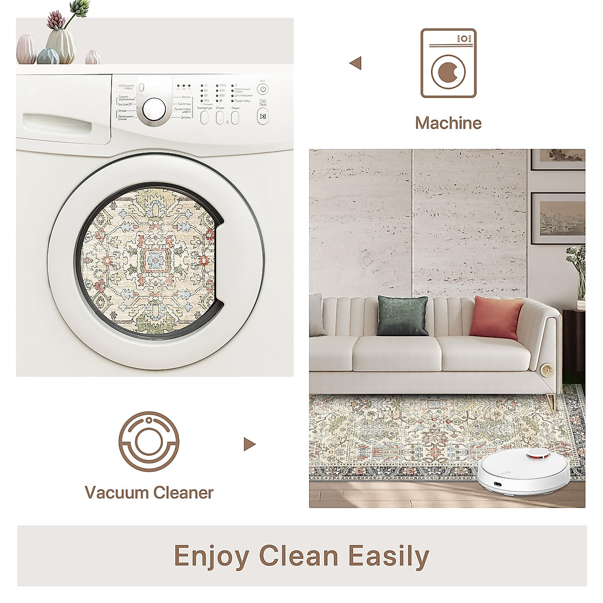 Bavni 8x10 Area Rugs for Living Room, Machine Washable Rug Lightweight Low Pile, Chenille Non Slip Rug Boho Print Decorative Carpet for Bedroom Dinning Room, Ivory/Teal