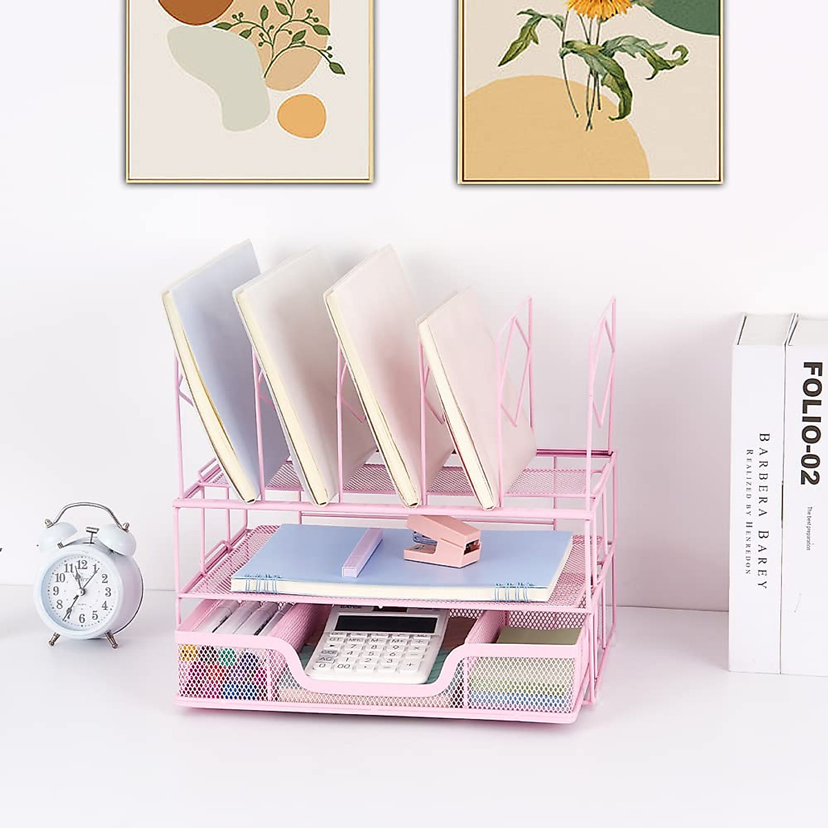 Becomrock Desk Organizers and Accessories, Office Supplies Desktop Organizer, Desk File Organizer with Sliding Drawer, Dual Tray and 5 Upright Section, File Folder Holder for Desk (Black)