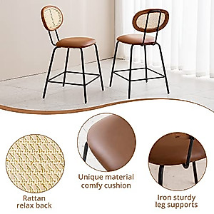 Indoor/Outdoor Faux Leather Bar Stools Set of 4,Rattan and Wood Backrest with Metal Legs，Modern Upholstered Square seat Chair Counter Height Barstools for Bistro Home Office Restaurants,24",Red Brown