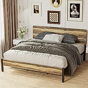 LIKIMIO King Bed Frame, Platform Bed Frame King with Headboard and Strong Steel Slat Support, Easy Assembly, No Box Spring Needed, Rustic Brown