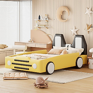 Merax Race Car Bed Frame for Boys,Soft PU Leather Twin Bed for Kids with Wheels,Soft Headboard and Guard Board,Fits Standard Twin Mattress(Mattress not Included)