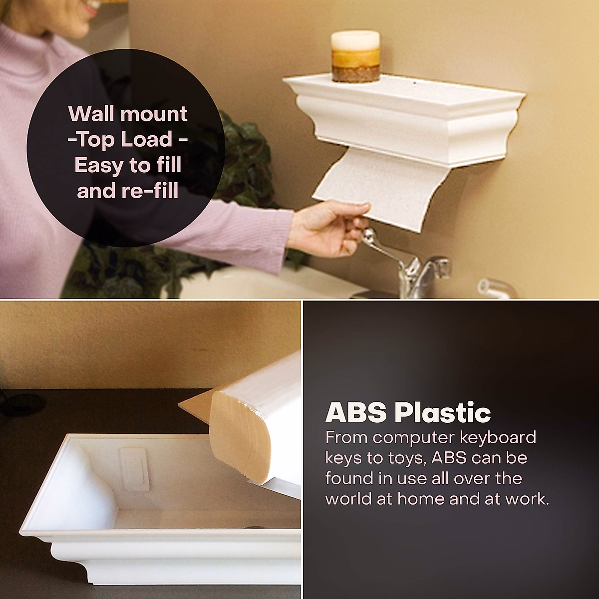 HealthyShelf White ABS Plastic MultiFold Paper Towel Dispenser - Wall Mount Shelf - Handy Multi-Use Decorative Shelf Dispenser for Bath, Kitchen, Laundry Room