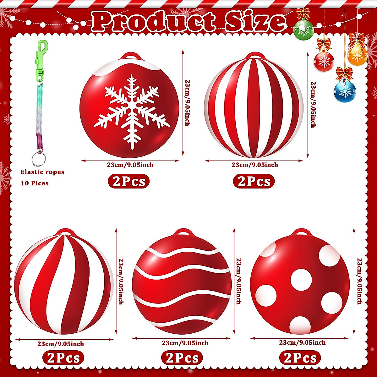 Jetec 10 Pcs Christmas Inflatable Balls Decorations 9 Inch PVC Inflatable Balls Winter Snowman Hanging Ornaments for Outdoor Garden Tree Party(Xmas Ball)
