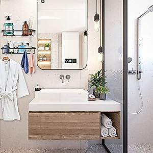 YULIFST 5Pack Shower Caddy Shower Shelves Shelf with Hooks Storage Rack Organizer Stainless Steel Caddy with Hairdryer Holder Soap Holder and Toothbrush Holder for Bathroom, Washroom, Kitchen (Black)