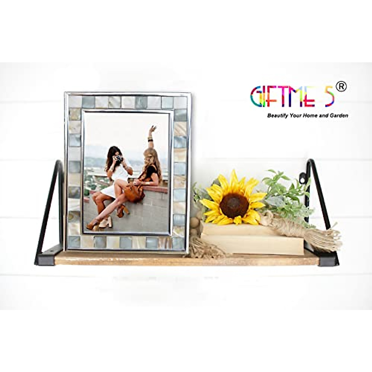 GIFTME 5 Silver Plate Picture Frame 5x7 Mother of Pearl 5 by 7 Photo Frame Mosaic Glass Tabletop Frame (Grey+ White,1pc)