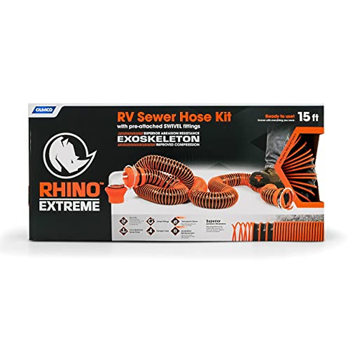Camco RhinoEXTREME 15-Foot Camper/RV Sewer Hose Kit | Features TPE Technology for Abrasion Resistance and Crush Protection | Includes Pre-Attached Rhino Swivel Fittings (39861)
