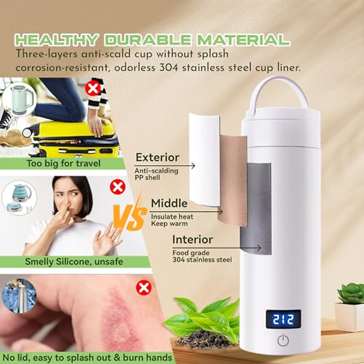 TYEMUI Travel Electric Kettle - Portable Travel Kettle Water Boiler, 380ml Small Electric Travel Tea Kettle, Stainless Steel Hot Water Kettle with 4 Temperature Control, Auto Shut-Off