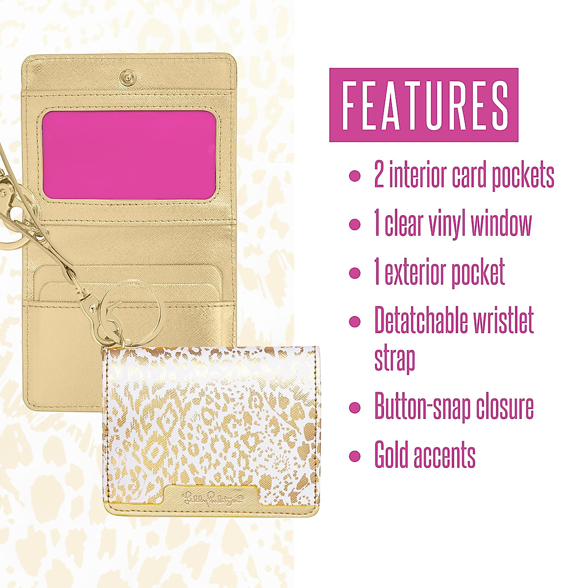 Lilly Pulitzer Vegan Leather Snap ID Card Case, Cute Keychain Wallet, Slim Credit Card Holder with Wristlet Strap, Pattern Play (Gold)