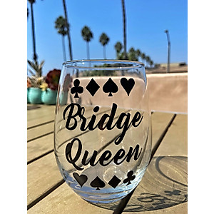Bridge Card Game Player Prize - Bridge Queen - Gift for Grandma - Premium 21oz Stemless Wine Glass
