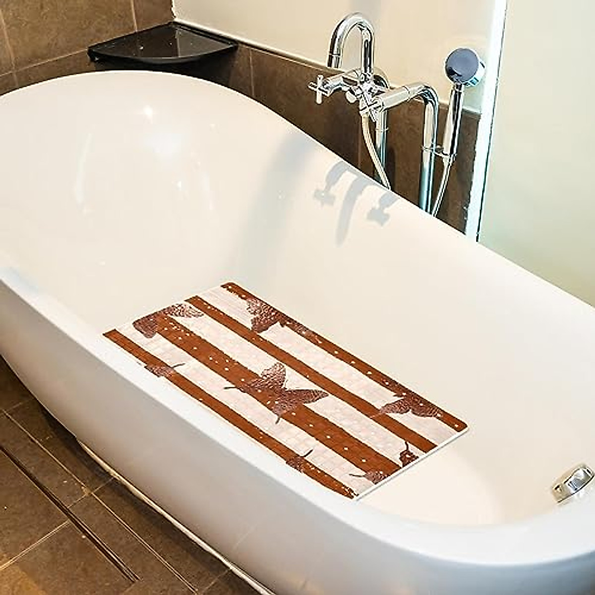 Bath Tub Shower Mat - Anti-Slip PVC Material 15.1x26.8 in, Gentle Cushioning Quick Drying Suction Cups Reliable Solution - Stripes and Butterfly Patterns Non-Slip Floor Mat