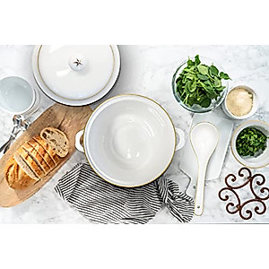 Bone China Soup Tureen with lid, ladle and spoon rest, 2.97QT, Gold Rim, 4PC set, Big Serving Bowl, Elegant Ceramic Porcelain, White, Translucent, Modern, Simple and resistant, Greeting dinnerware
