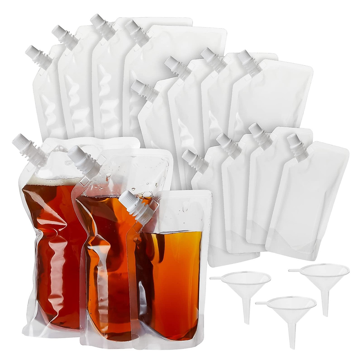 Stockroom Plus 30 Pack Reusable Adult Plastic Drink Pouches with Funnels for Juice, Soda, Liquor (8, 16, 32 Ounces)