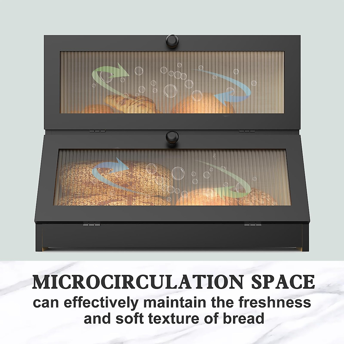 LOHASOK Double Layer Bamboo Bread Box for Kitchen Counter-Large Capacity Bread Storage Container Farmhouse Bread Box with Window Bread Holder (Black)