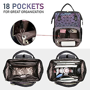LOVEVOOK Geometric Luminous Laptop Backpack for Women, Holographic Reflective Laptop Bag with USB port, Fashion Purses Travel Bags Vintage Daypacks for Casual, College, Work