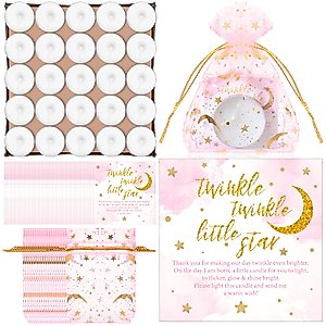 50 Sets Baby Shower Candle Favors 50 Pcs Tea Light Candles for Guests with 50 Pcs Moon Star Organza Bags and 50 Pcs Little Star Thank You Tags Party Favors for Baby Gender Reveal (Pink)