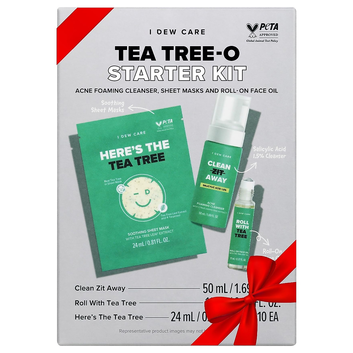 I Dew Care Skincare Set - Tea Tree-O Starter Kit | Salicylic Acid & Tea Tree Oil, Acne Care Treatment, Cleanser, Sheet Masks, and Roll-On Face Oil, Travel Size, TSA Friendly Size