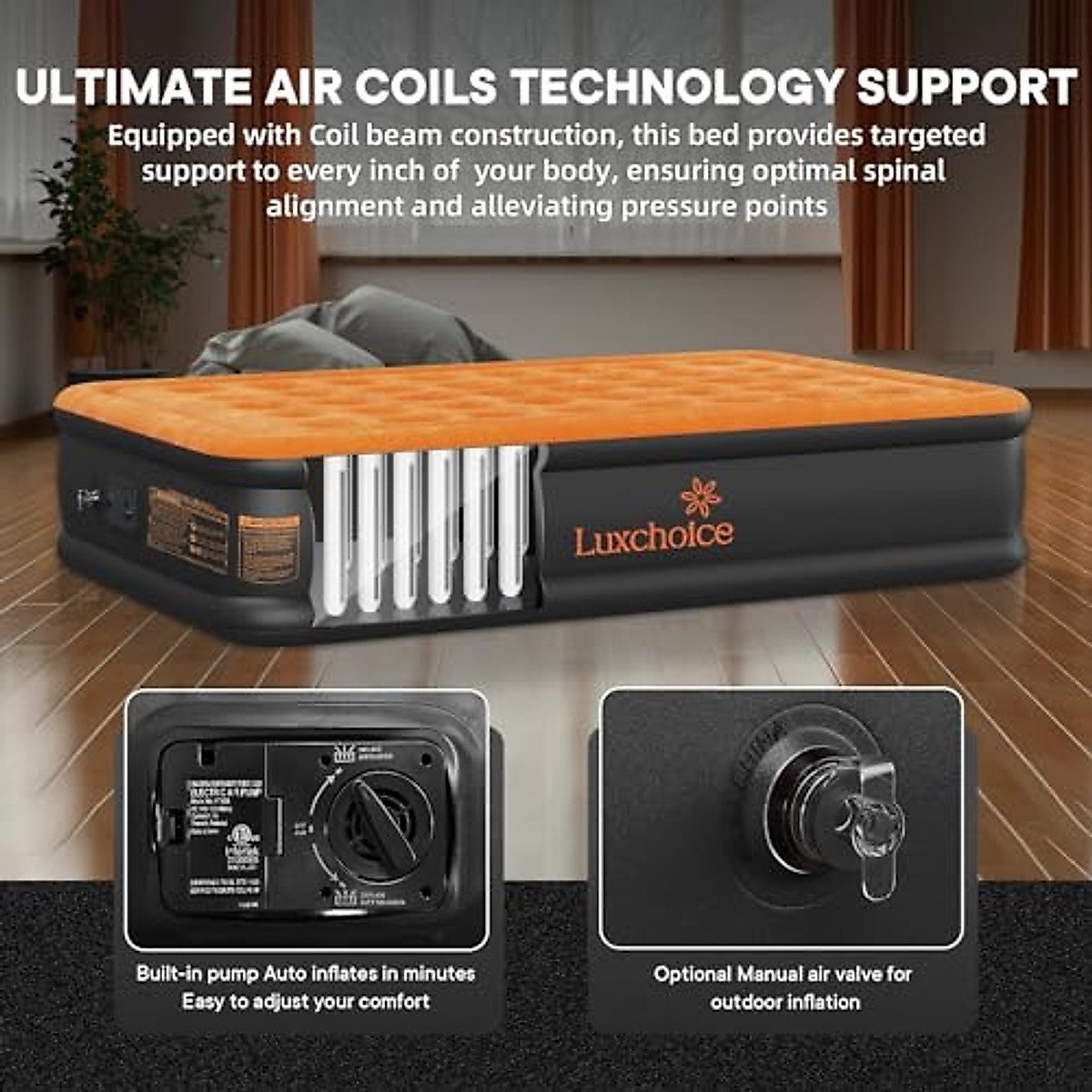 Luxchoice Queen Inflatable Mattress with Built-in Pump Camping Air Mattress Quick Inflation Deflation Blow Up Mattresses Air Bed Portable Elevated Guest Bed for Home Outdoors Hiking Travel