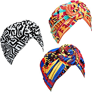 SATINIOR 3 Pieces African Turban for Women Knot Pre-Tied Bonnet Beanie Cap Headwrap (Black Orange Pink Geometry)