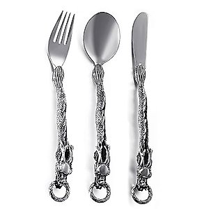 Silverware Set Handmade Cutlery Set of 18 Service for 6 Premium Stainless Steel Utensils,Including Knife/Fork/Spoon For Home Kitchen Halloween Decoration Gift For Gothic,Skull,Skeleton Lover