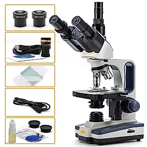 Swift Trinocular Compound Microscope SW350T,40X-2500X Magnification,Siedentopf Head,Research-Grade,Two-Layer Mechanical Stage,1.3mp Camera and Software Windows and Mac Compatible