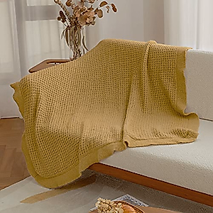 Amélie Home Soft Cozy Waffle Knit Throw Blanket with Ruffled Fringe, Decorative Lightweight Knitted Throw Blankets for Couch Bed Sofa (Yellow, 50'' x 60'')
