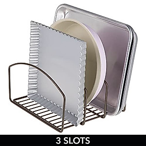 mDesign Steel Cookware Holder, Storage Organizer Rack with Three Slots for Kitchen Cabinet, Pantry, Holds Pans, Pots, Lids, Cookie Sheets, Cutting Boards - Concerto Collection - Bronze