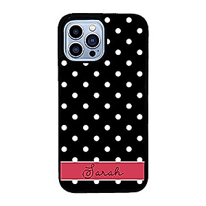Polka Dot Black White and Red Personalized Apple iPhone Black Rubber Phone Case Compatible with iPhone 14 Pro Max, Pro, Max, iPhone 13 Pro Max Mini, 12 Pro Max Mini, 11 Pro Max X XS Max XR 8 7 Plus