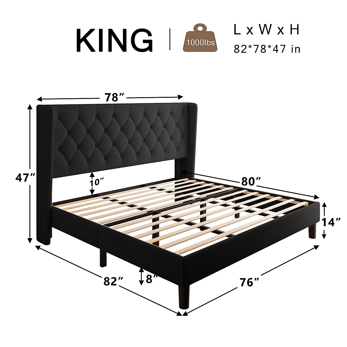 Einhomn King Size Upholstered Bed Frame with Wingback Headboard, Fabric Linen Platform Bed, 8" Under Bed Storage, Wooden and Metal Slats Support, No Box Spring Needed, Black